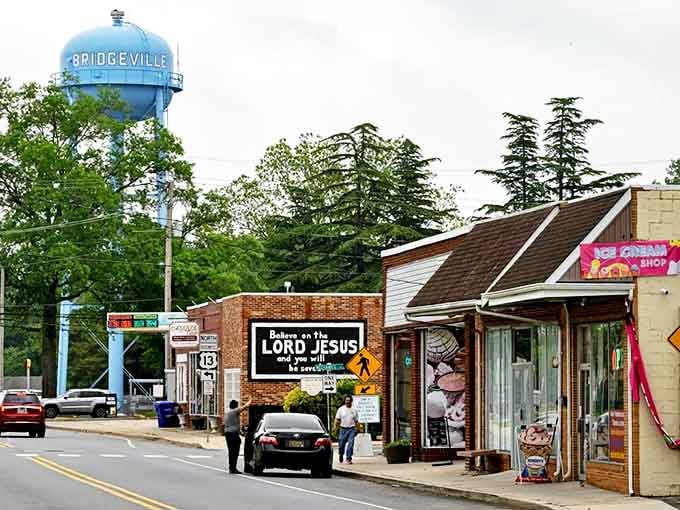 Bridgeville's iconic water tower stands sentinel over a town where retirement dollars stretch further and neighbors still know your name.