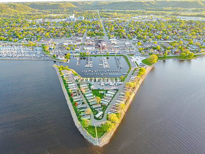Lake City's waterfront triangle juts into Lake Pepin like nature's perfect viewing platform. From above, it resembles a slice of pie served on Minnesota's most magnificent platter.