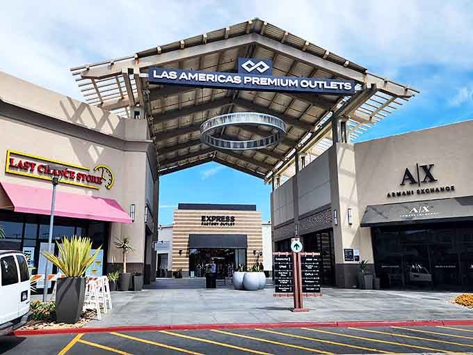 Las Americas Premium Outlets welcomes shoppers with a grand entrance that says, "Your credit card is about to have an adventure."