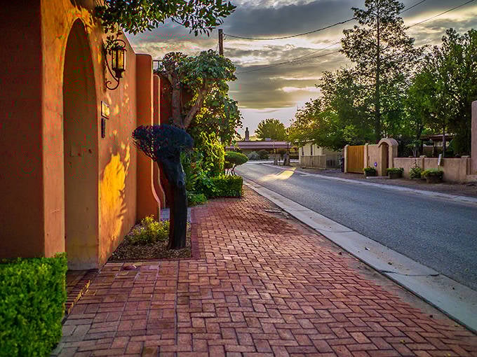 Mesilla's adobe buildings glow golden in the sunset, like nature's own Instagram filter on this historic plaza.