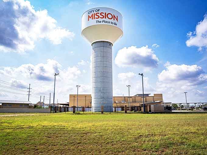 Mission's water tower proudly announces itself against the Texas sky, standing tall like a friendly neighborhood lighthouse.