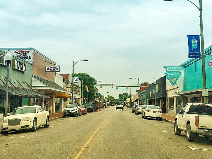 Drive down the nostalgic main street of Mullins, where vintage signs and local shops welcome you to town.
