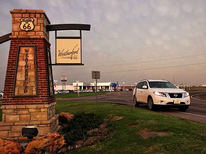 Weatherford's Route 66 welcome sign greets road-trippers with that unmistakable Oklahoma hospitality &ndash; no rush, you've arrived.