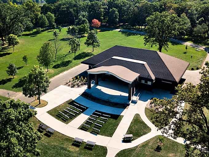 Appleton's outdoor amphitheater nestles among lush greenery, perfect for summer concerts and community gatherings.
