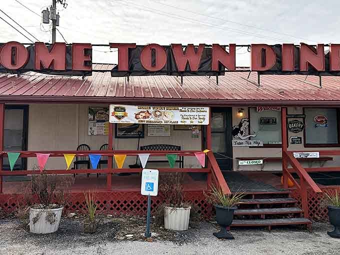The cheerful red lettering of Home Town Diner practically shouts "Get in here for pancakes!" to everyone driving by.