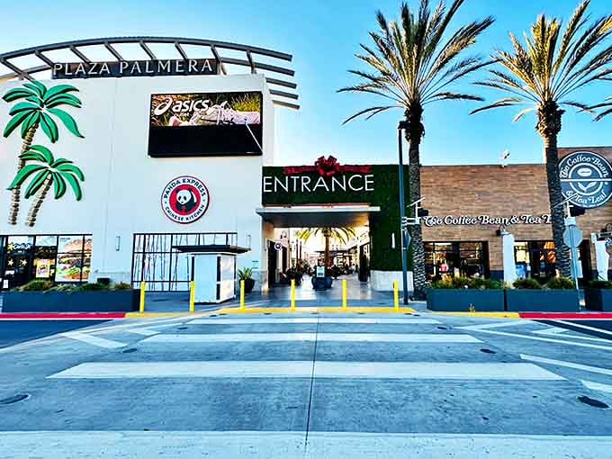 Plaza Palmera's entrance, where palm trees stand guard over bargain hunters' paradise &ndash; a shopping oasis in the Southern California desert.