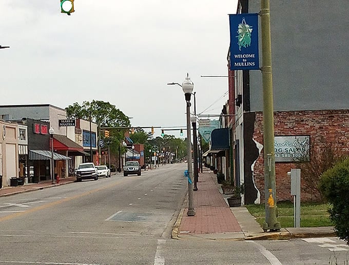 Stroll through the welcoming streets of Mullins, where charming local shops and quiet sidewalks await your next visit.