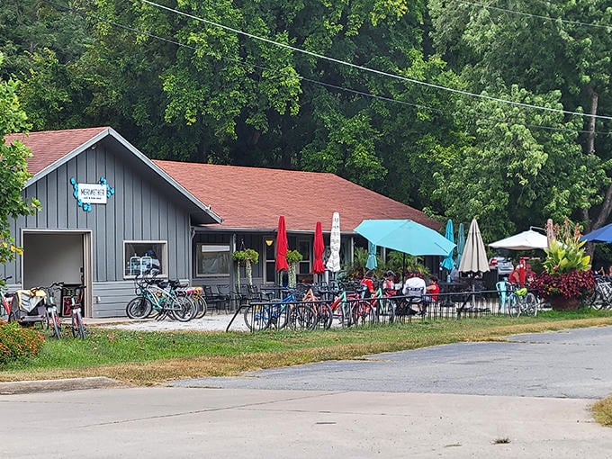 Cyclists on the Katy Trail discover Rocheport's refreshment stops are worth every mile pedaled. Those outdoor tables practically beg for a cold drink.