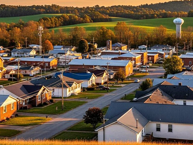 Sunset bathes Trezevant in golden light, showcasing its neat rows of homes and peaceful streets&mdash;affordable small-town living at its finest.