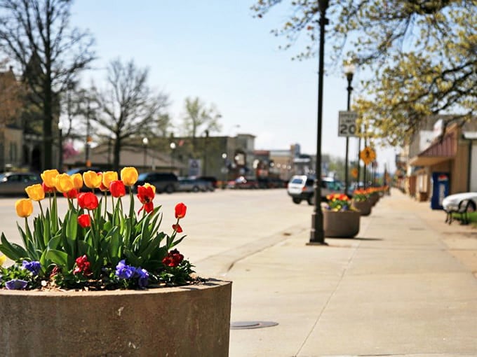 Colorful tulips brighten Wamego's sidewalks, adding a touch of Oz-like magic to this charming Kansas community.