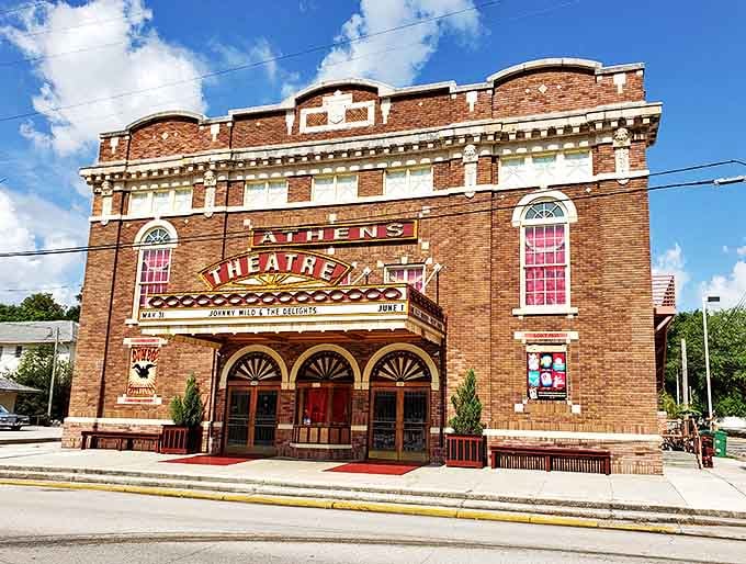 The historic Athens Theatre stands as DeLand's cultural crown jewel, its classic marquee promising entertainment just as it has for generations.