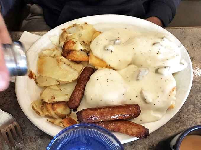 Biscuits and gravy with sausage links&mdash;the breakfast equivalent of a warm hug from your favorite aunt who never counted calories.