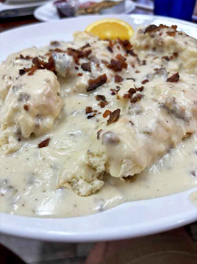 Biscuits drowning happily in creamy sausage gravy. Some might call it indulgent&mdash;I call it necessary emotional support.