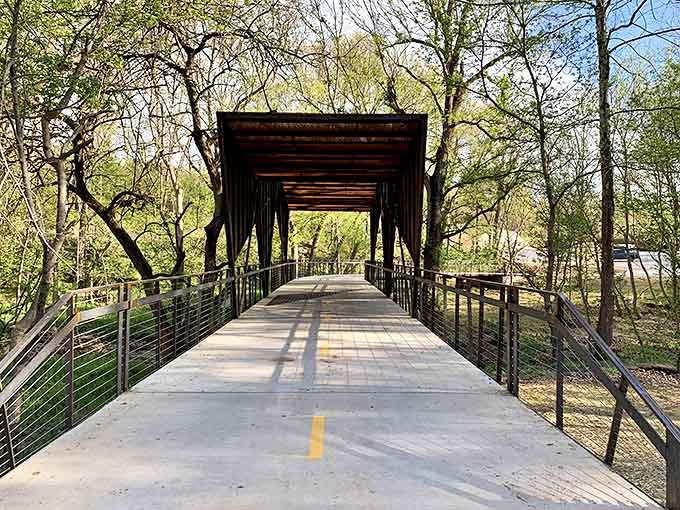 This architectural marvel of a bridge connects Bentonville's trail system, proving that functional can also be beautiful in the heart of the Ozarks.