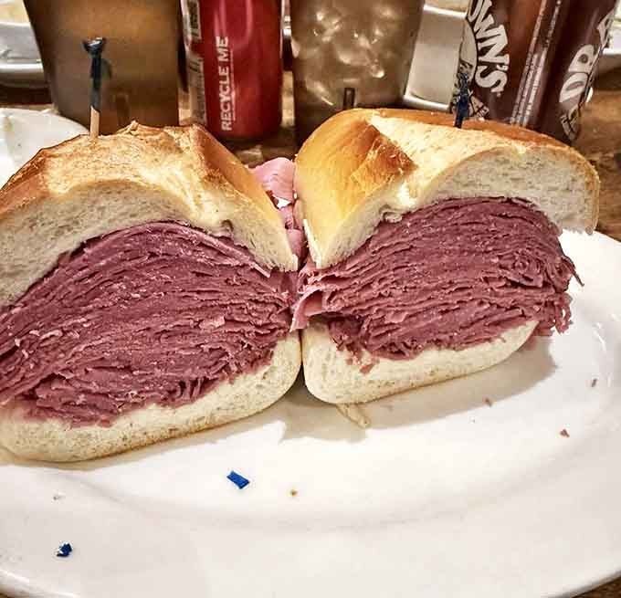 Behold the corned beef in its natural habitat &ndash; stacked higher than Manhattan rent prices and twice as worth it.