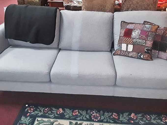 The couch that launched a thousand naps. With cushions this pristine and a patchwork pillow this charming, your Netflix marathons just got an upgrade.