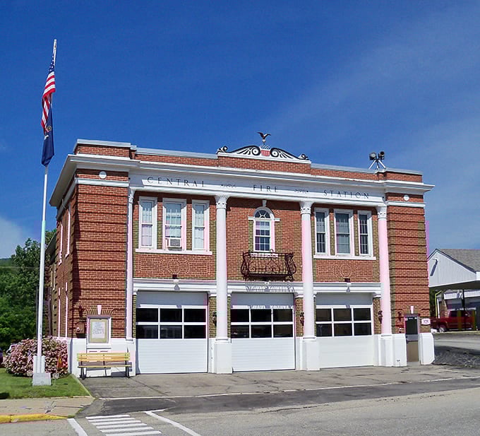 The Central Fire Station stands ready in classic New England brick, where firefighters probably make the best chili in Oxford County during winter shifts.