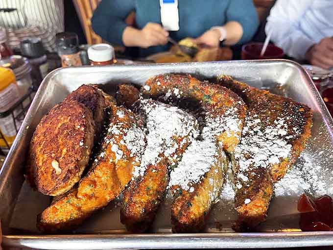 French toast that's achieved celebrity status in my personal breakfast hall of fame. The powdered sugar snowfall is just showing off.