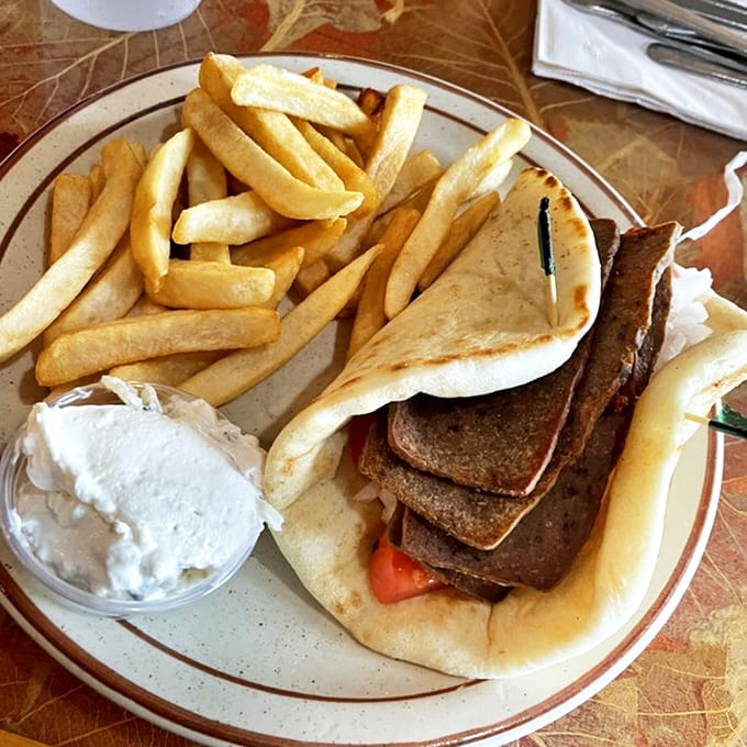 The gyro plate that launched a thousand cravings. Tender meat, pillowy pita, and fries that make you question why anyone bothers with fancy restaurants.