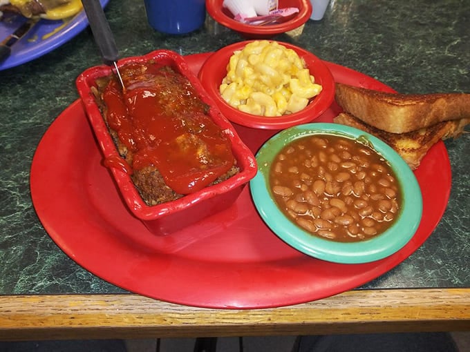 Meatloaf that doesn't apologize for being meatloaf, accompanied by mac and cheese that would make your childhood self weep with joy.