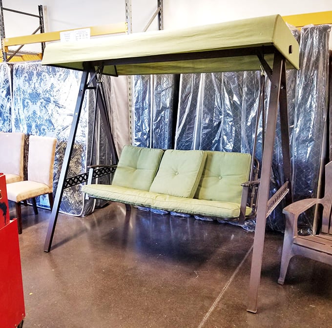 The porch swing of your dreams doesn't need to cost a fortune. This mint-green beauty awaits someone's backyard sanctuary, lemonade not included.