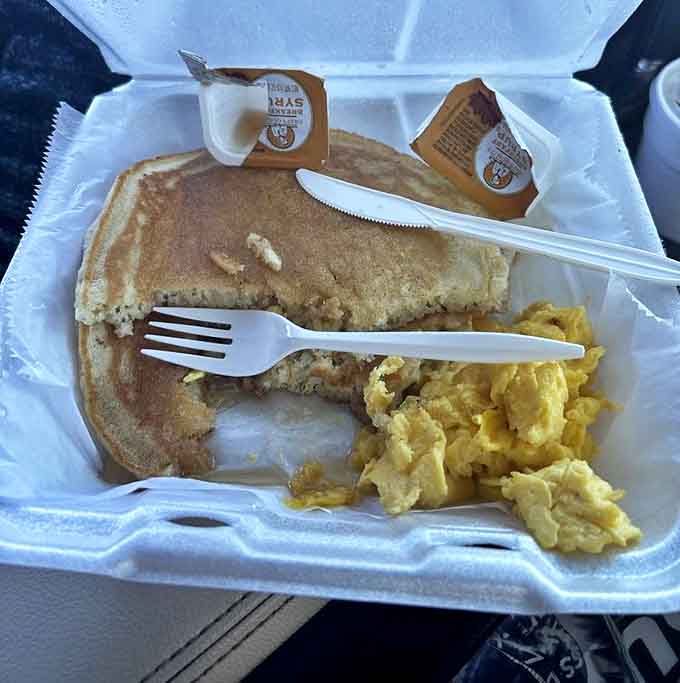 The to-go pancake breakfast proves good things come in styrofoam packages. Breakfast for the beach, the office, or just your car.