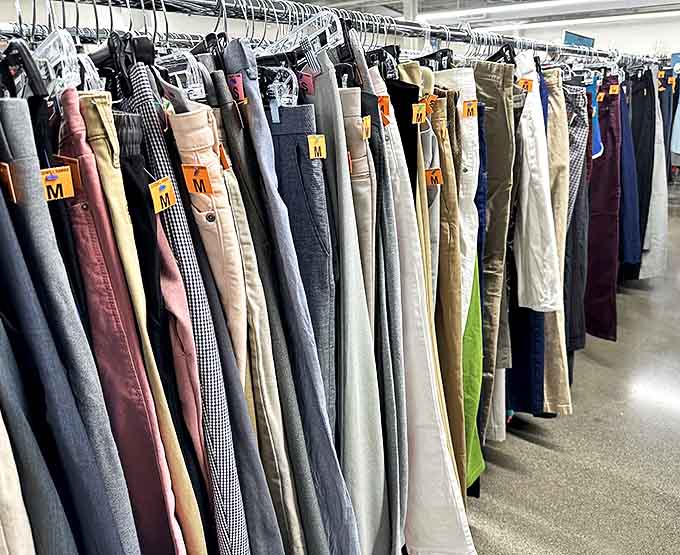 Pants purgatory or trouser treasure trove? These neatly organized racks offer everything from casual khakis to designer denim at prices that'll make your wallet smile.