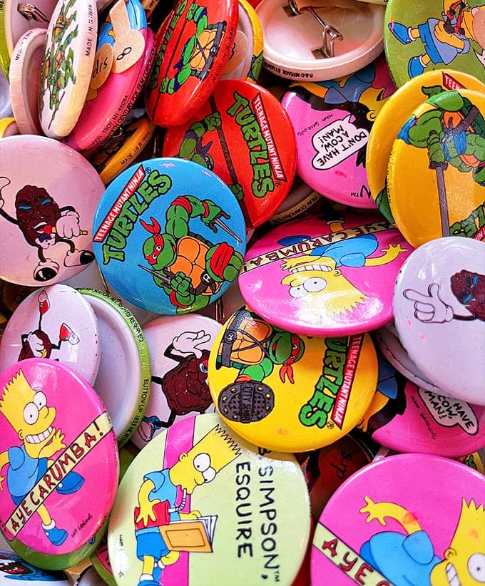 Nostalgia in pin form&mdash;Ninja Turtles and Simpsons characters waiting to adorn your denim jacket or canvas bag with '90s street cred.
