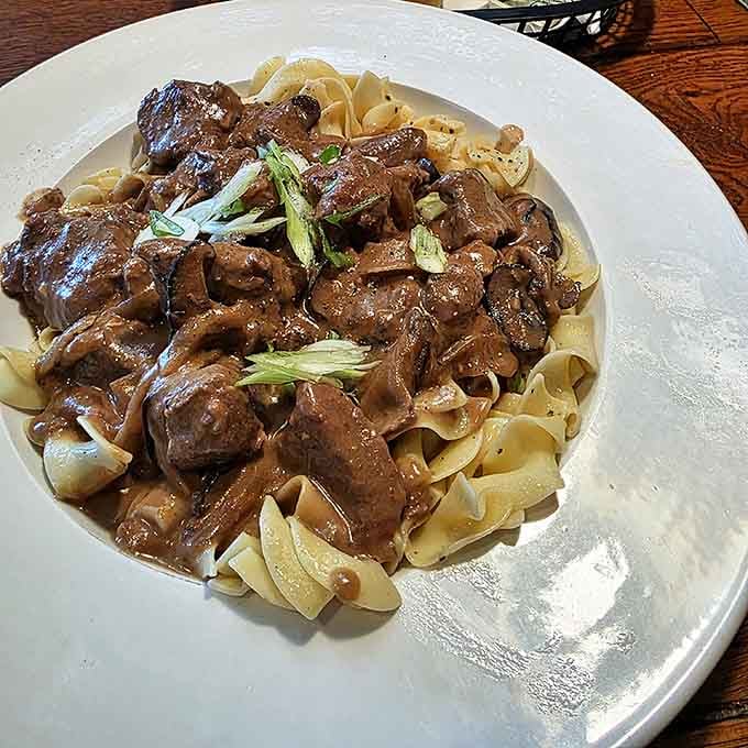 Stroganoff that makes you wonder if Russian grandmothers have been secretly hiding in the kitchen. Those egg noodles are practically swimming in umami heaven.