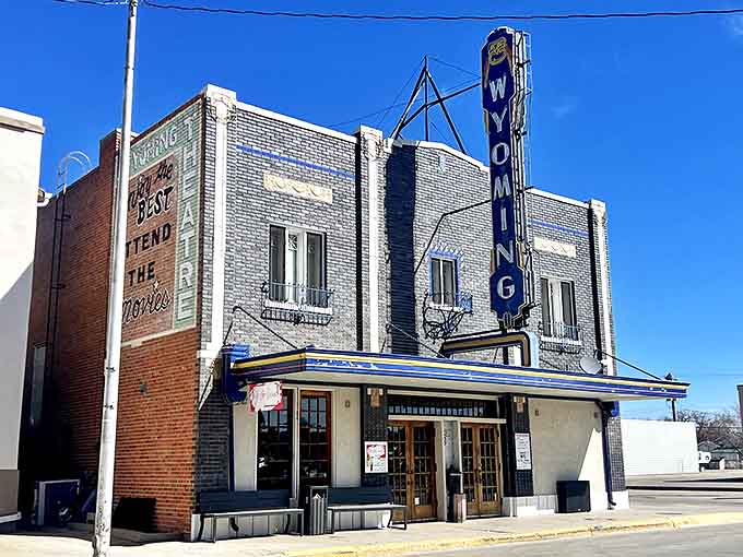 The Wyoming Theatre's vintage marquee promises entertainment without the big-city prices. No $20 popcorn here, just genuine movie magic.