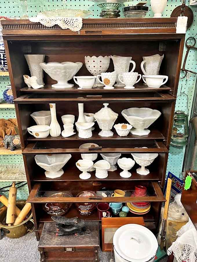 Milk glass heaven! These delicate white pieces once graced Sunday dinner tables across America &ndash; before plastic took over and charm took a holiday.