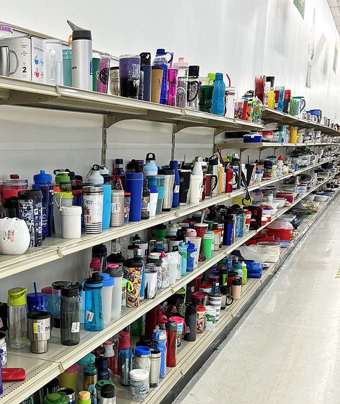 The water bottle section resembles a colorful plastic forest where hydration vessels of every shape and hue stand at attention.