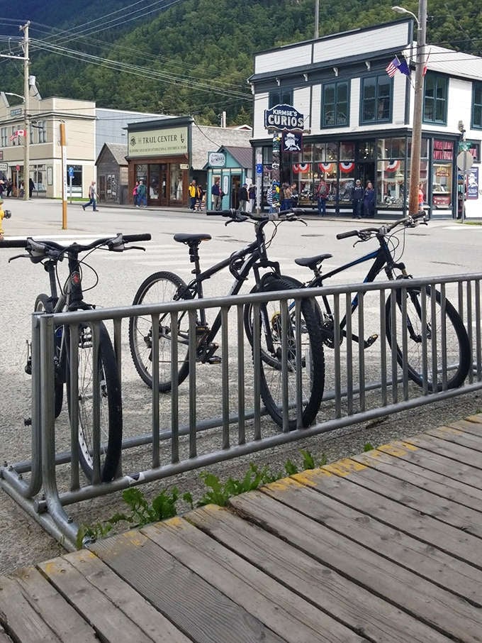 Bikes waiting patiently outside Kirmse's Curios &ndash; because even in Alaska, sometimes the best adventures happen on two wheels instead of dog sleds.