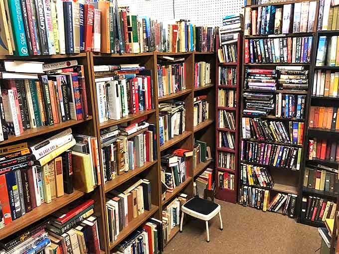 A bibliophile's dream corner where forgotten bestsellers and obscure treasures await new homes. Words never go out of style.