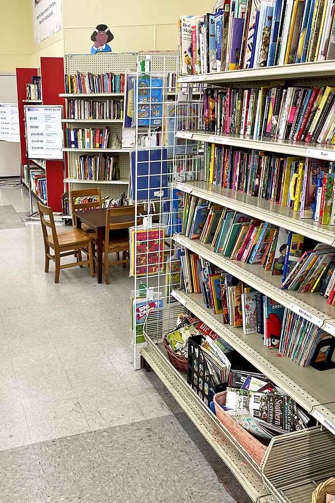 A bibliophile's playground where bestsellers mingle with forgotten classics. The smell of paper and possibility fills the air.