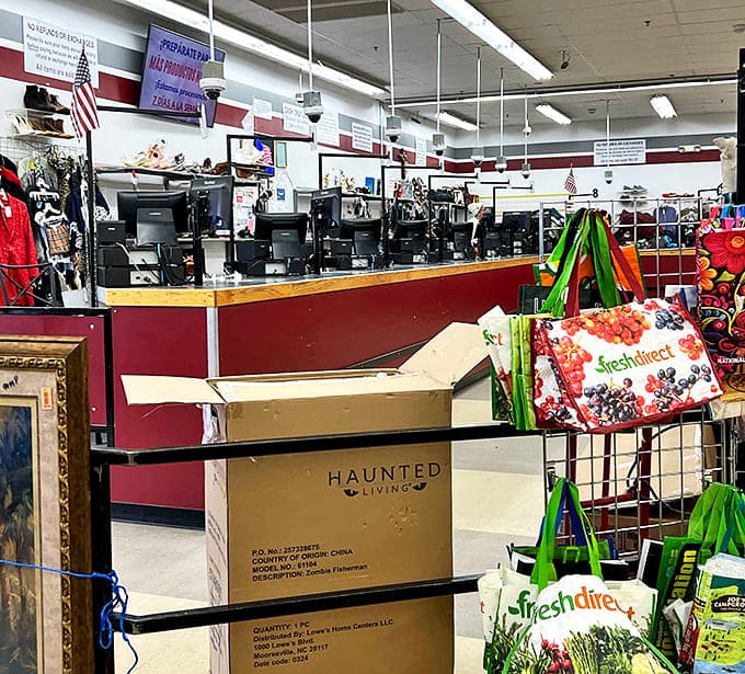 Command central where treasures are tallied and bagged. That "Haunted Living" box probably has a story as interesting as its new owner.