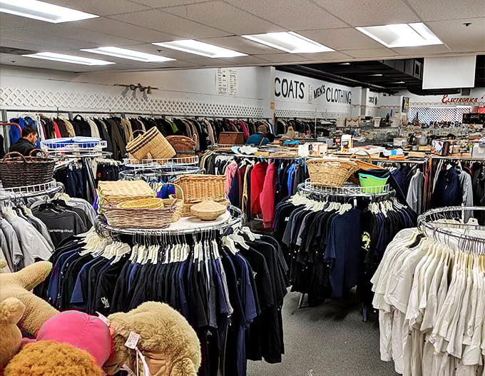 Coats and clothing huddle together like old friends at a reunion. Each hanger holds not just fabric, but stories waiting for new chapters.