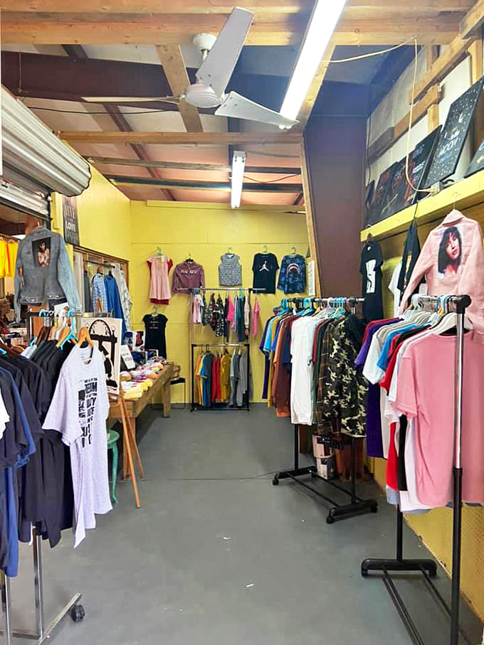 Fashion finds for every taste line this cheerful yellow-walled boutique. Last season's trends at this season's bargain prices make style accessible to all.