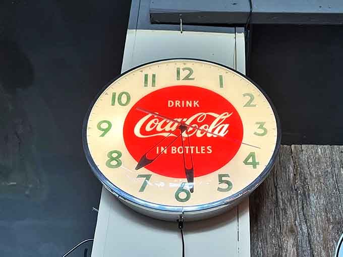 "Time for a Coke!" This vintage wall clock probably witnessed countless family dinners and neighborly gossip sessions since the 1950s.