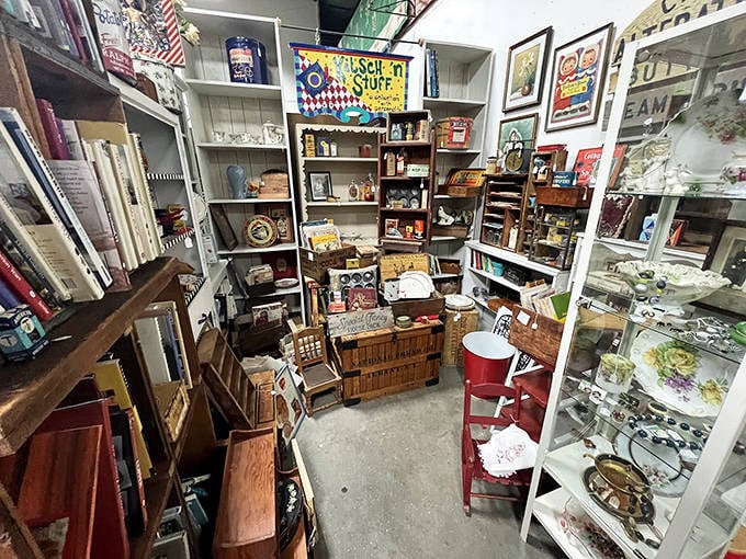 Vintage advertising meets childhood nostalgia in this packed corner. That Campbell's Soup sign would make Andy Warhol reach for his wallet.