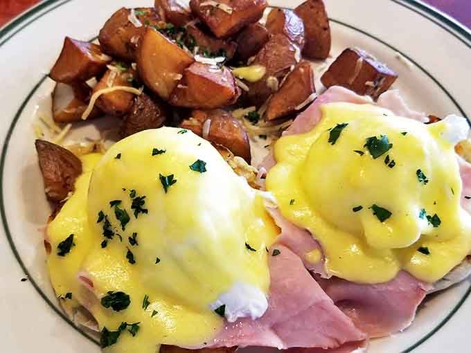 Eggs Benedict done so right it deserves its own national holiday. That hollandaise sauce is basically liquid sunshine with a hint of "I regret nothing."