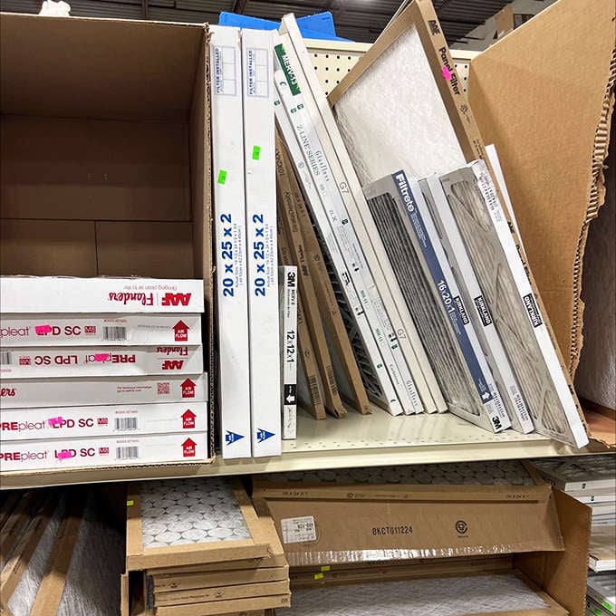 Filters and building materials neatly organized like a hardware store's dream. DIY warriors, prepare to meet your match in affordable supplies.