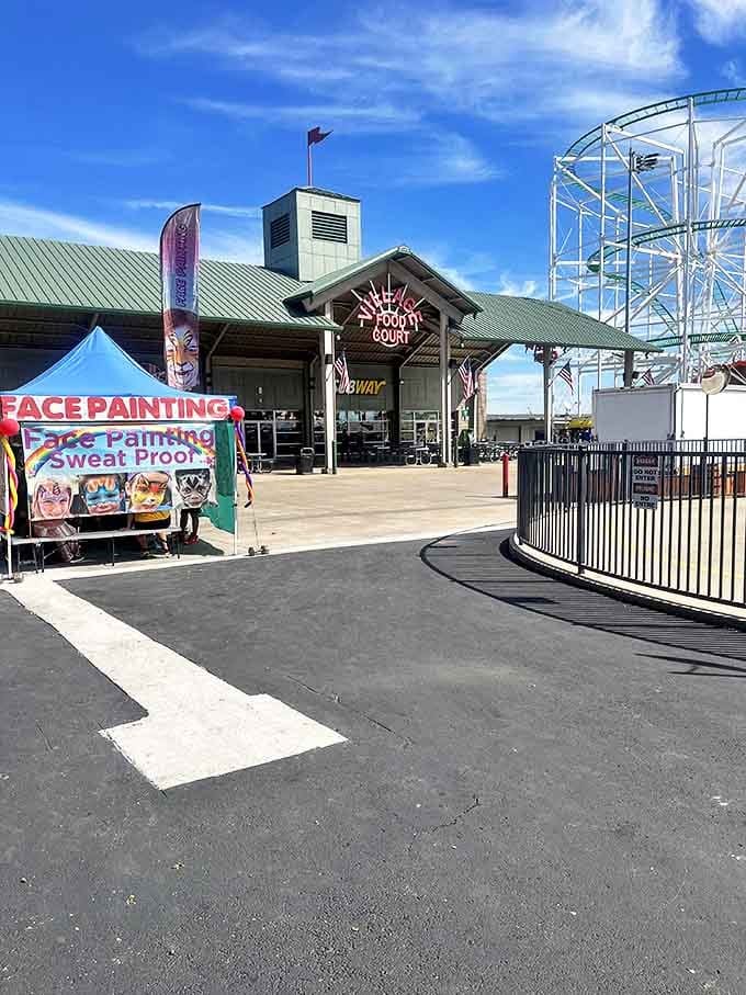 The food court's rainbow ceiling is almost as colorful as the culinary options below. Fuel up here before your second round of bargain hunting.
