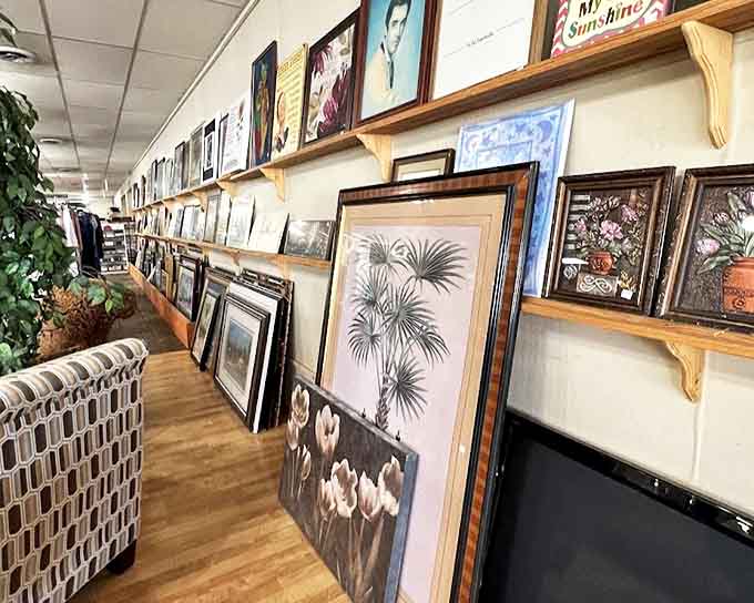 The wall of framed artwork offers everything from forgotten hotel art to genuine hidden gems—one person's "what were they thinking" becomes another's conversation piece.