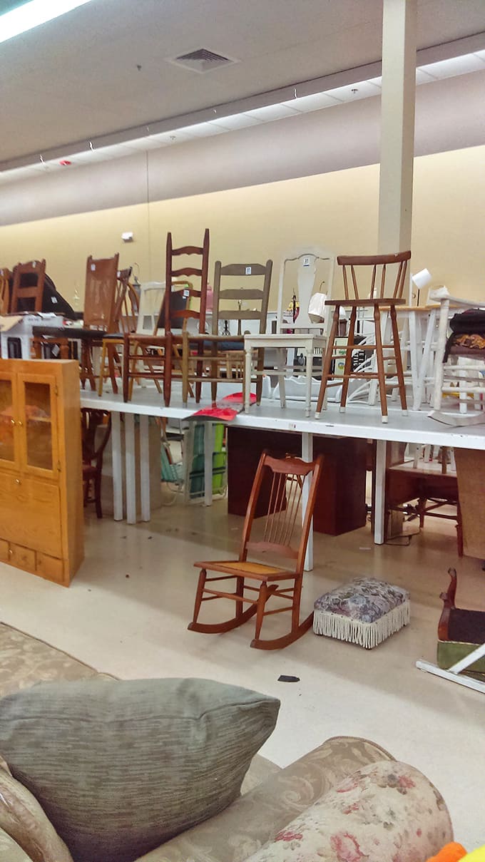 Chair heaven or furniture purgatory? Either way, that rocking chair is just waiting to tell stories on someone's porch.