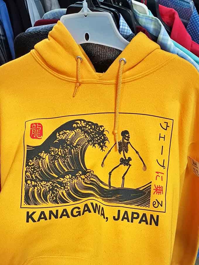 The skeleton surfs Kanagawa's great wave on this golden hoodie gem. Whoever donated this masterpiece of pop culture fusion clearly had excellent taste and a sense of humor.