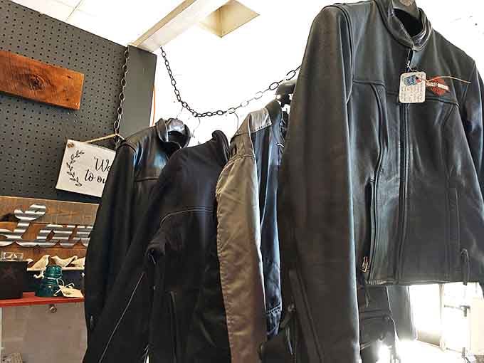 Leather jackets hanging like trophies of coolness &ndash; each one carrying the ghost of a James Dean swagger.