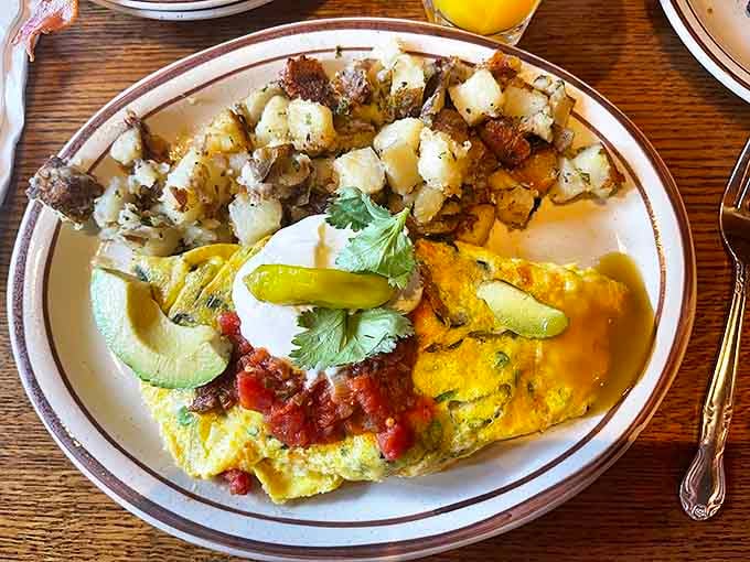 This isn't just an omelet &ndash; it's a golden envelope delivering a message of perfectly seasoned potatoes and southwestern flavors.