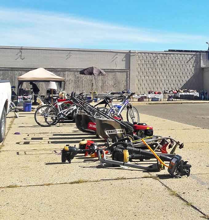 Tools and treasures basking in the Michigan sunshine during outdoor market days. Even lawn mowers deserve their moment in the spotlight.