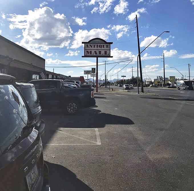 Ample parking means more time hunting treasures, less time circling the block. The desert mountains in the distance remind you you're definitely in Arizona.